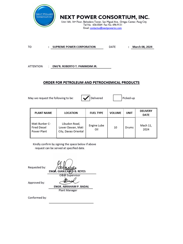 FUEL-LUBE OIL Request 03.08.24 | PDF