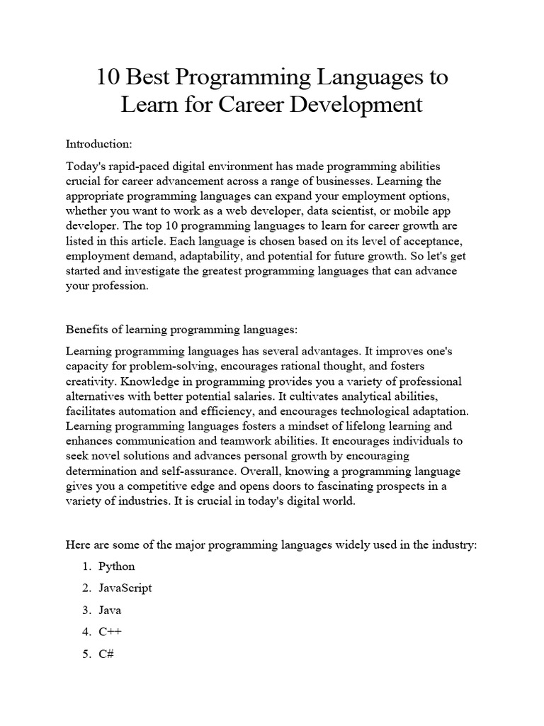 10 Best Programming Languages To Learn For Career Development | PDF | Web Development | World ...
