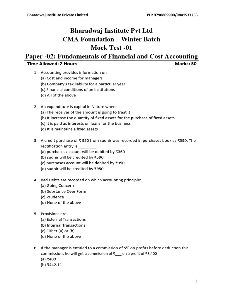 CMA Foundation Accounting Mock Test | PDF | Debits And Credits | Expense