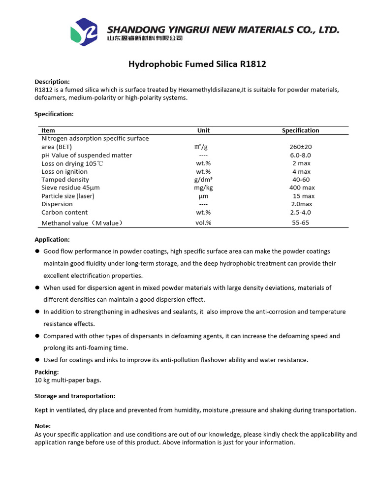 TDS Fumed Silica R1812-Shandong Yingrui New Materials Co.,Ltd | PDF | Silicon Dioxide | Applied ...