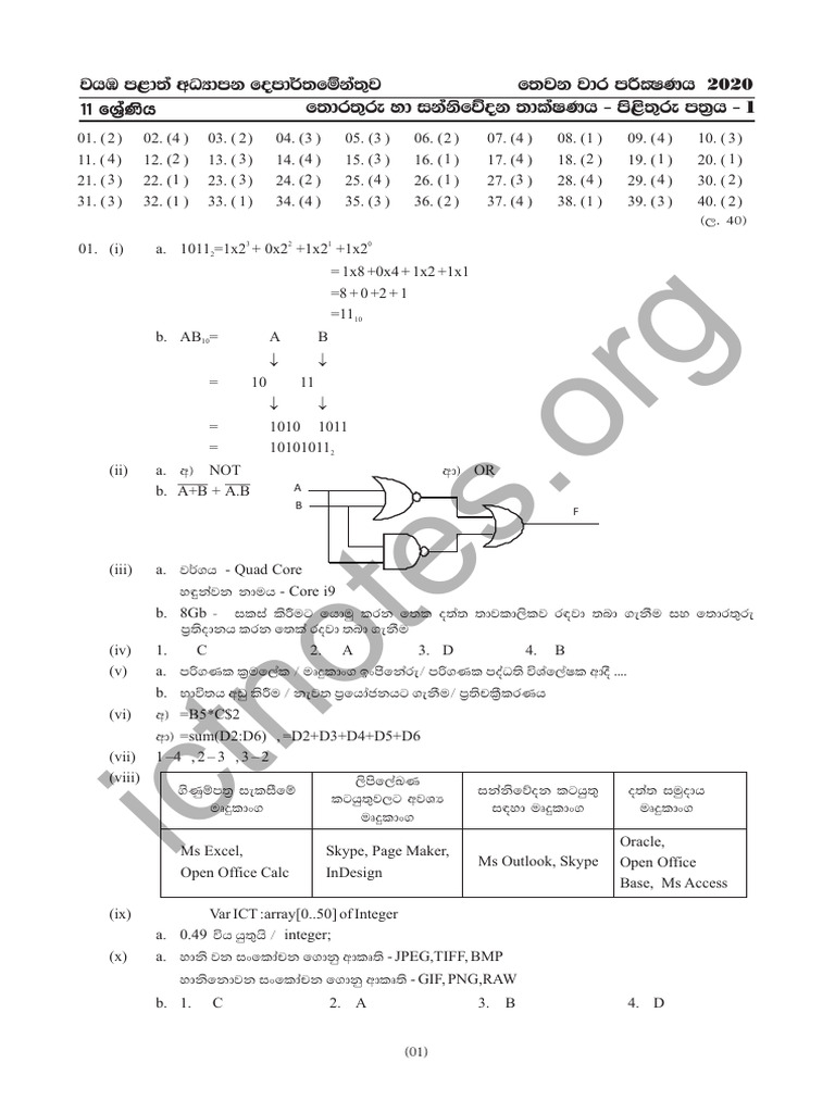 OL ICT Third Term Wayamba Sinhala Medium Grade 11 2020 Answers | PDF