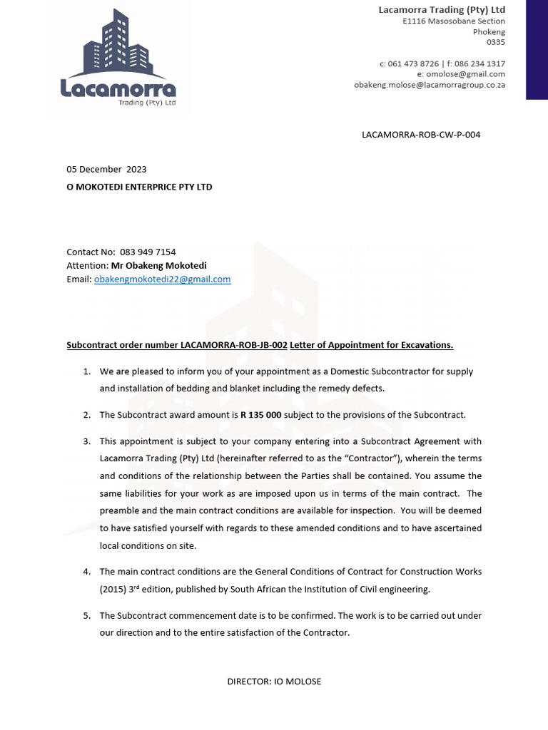 Appointment letter Excavations O Mokotedi | PDF | Subcontractor ...