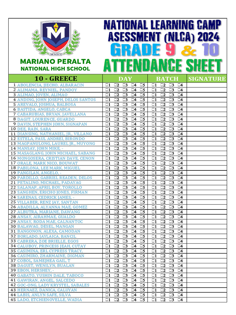 Nlca 2024 Grade-10 Attendance Greece | PDF