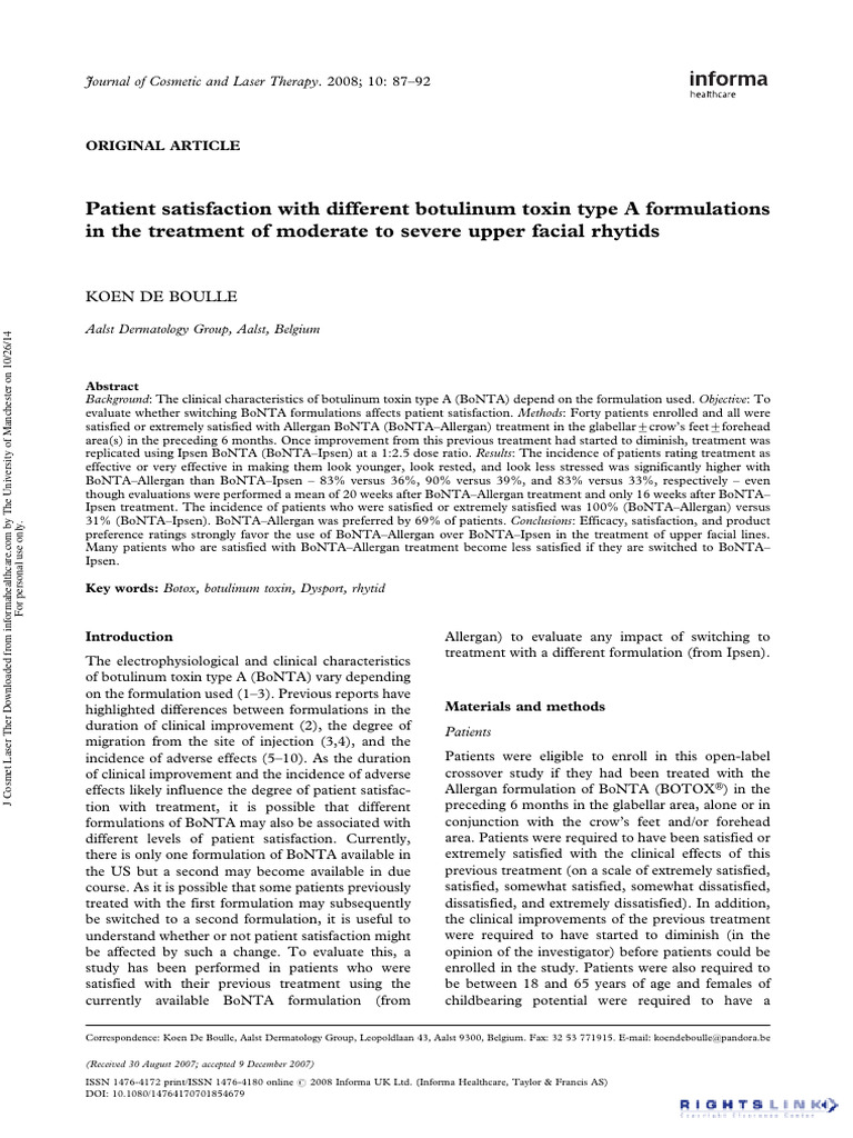 Patient Satisfaction With Different Botulinum Toxin Type A Formulations ...