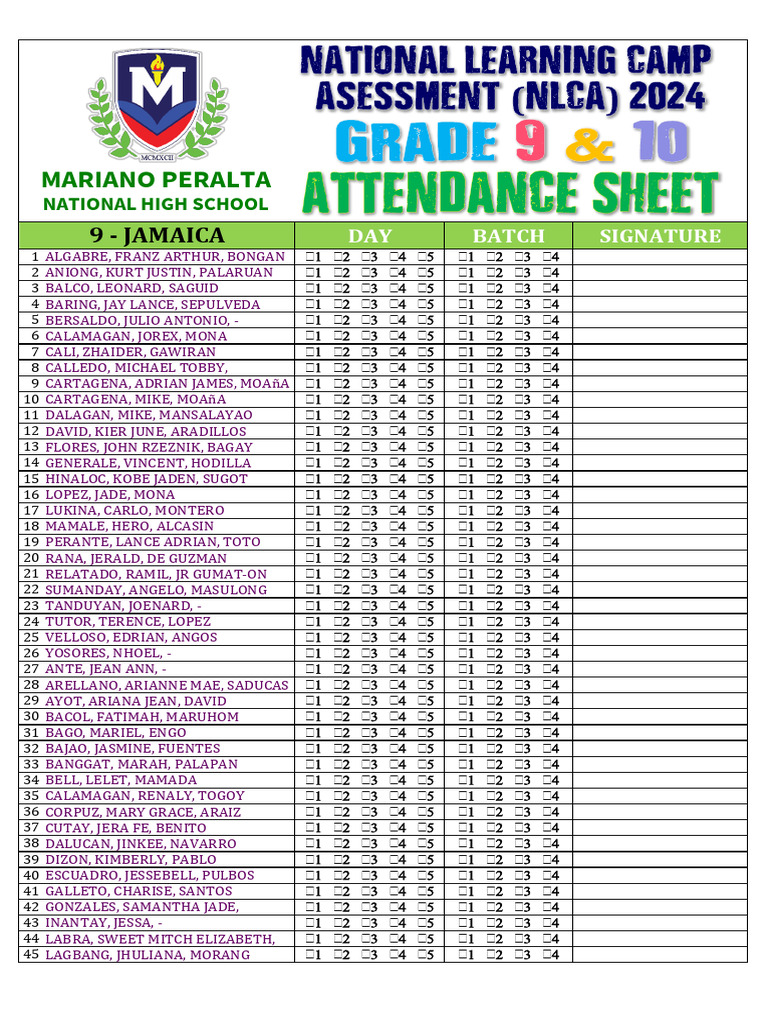 Nlca 2024 g9 Attendance Sheet - Jamaica | PDF