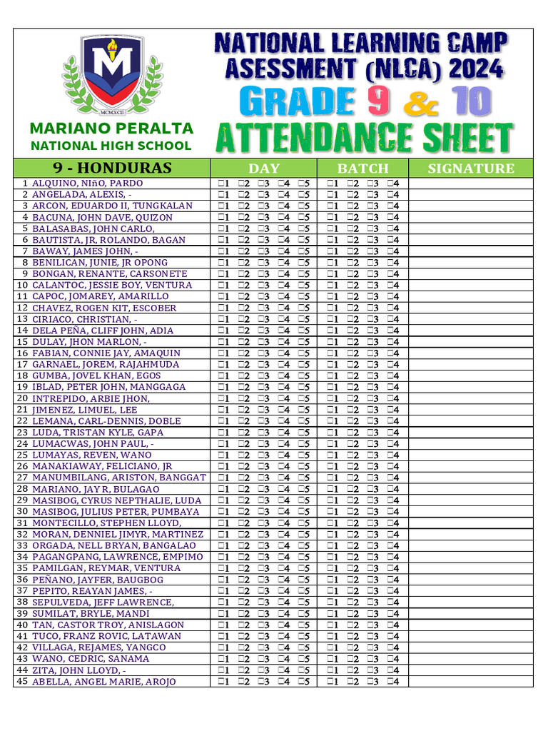 Nlca 2024 g9 Attendance Sheet - Honduras | PDF
