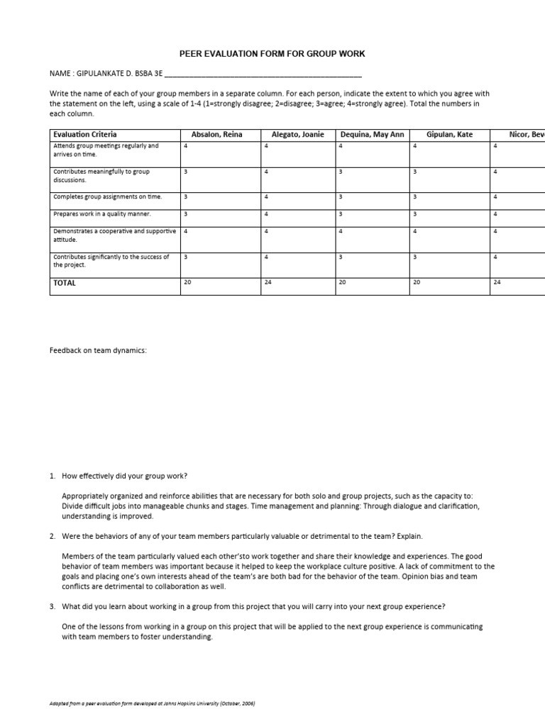 Peer Evaluation Form | PDF | Behavior Modification | Psychology