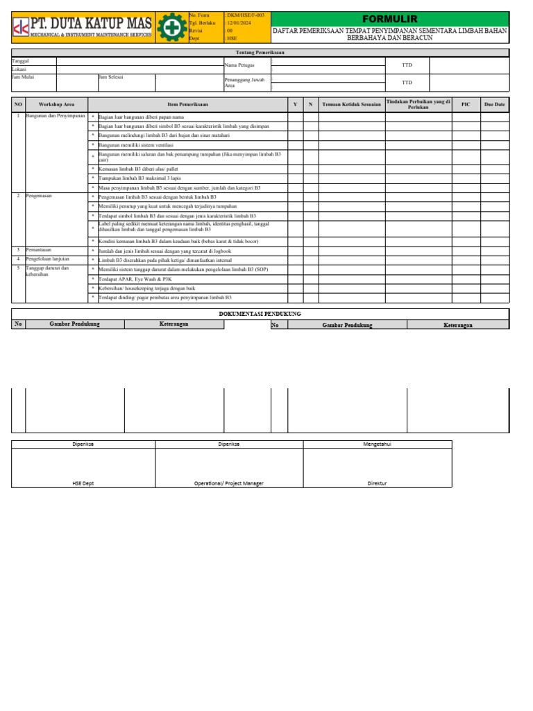 DKM-HSE-F-003-Formulir Daftar Pemeriksaan TPS Limbah B3 | PDF