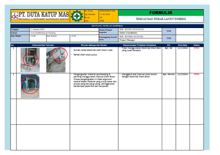 DKM-HSE-F-002-Formulir Temuan Dan Tindak Lanjut Inspeksi | PDF