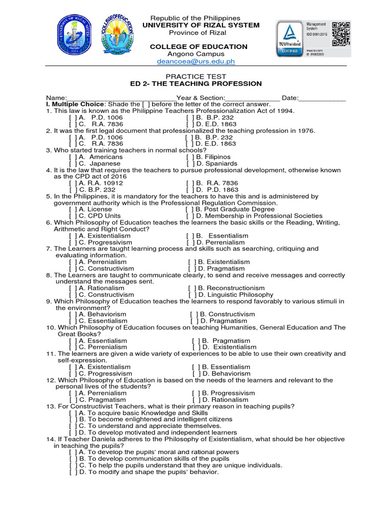 Ed 2 The Teaching Profession Practice Test | PDF | Teachers | Learning