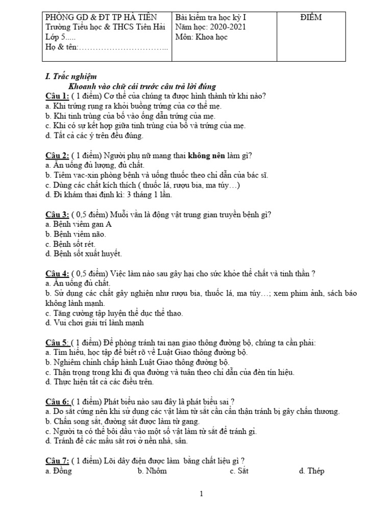 De KT Khoa Hoc Lop 5 Hki 20-21 | PDF
