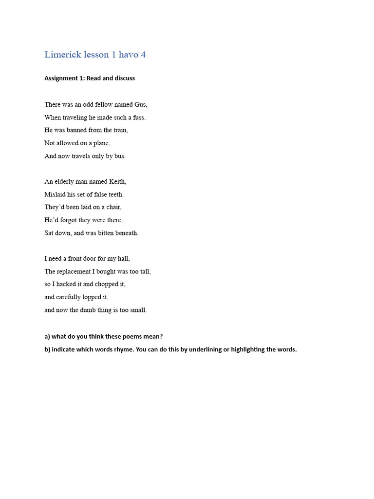 Limerick Lesson 1 Havo 4 | PDF | Travel | Classics