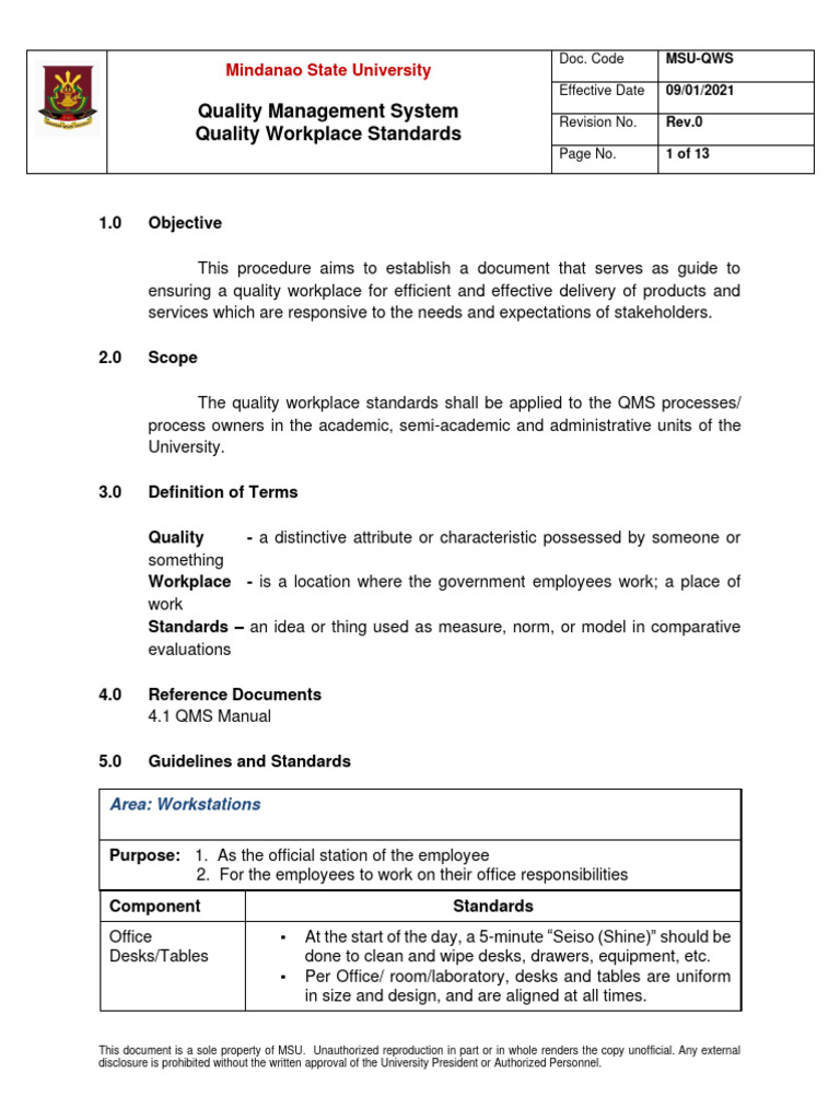 MSU-Quality-Workplace-Standards | PDF | Desk | Public Toilet
