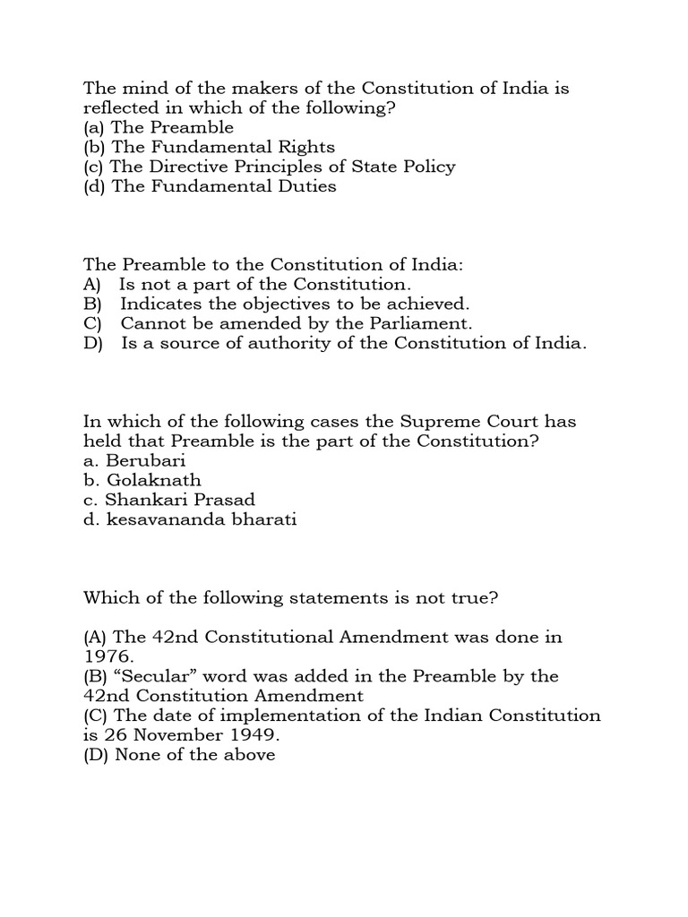 UPSC Questions On Preamble | PDF | Legal Documents | Document