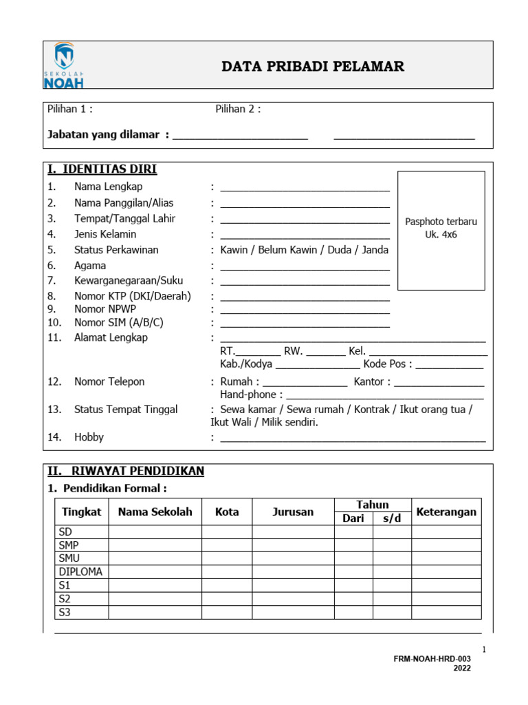 03 Form Data Pelamar Noah - New | PDF | Karier & Perkembangan