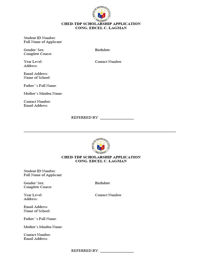 CHED-TDP Scholarship Form | PDF