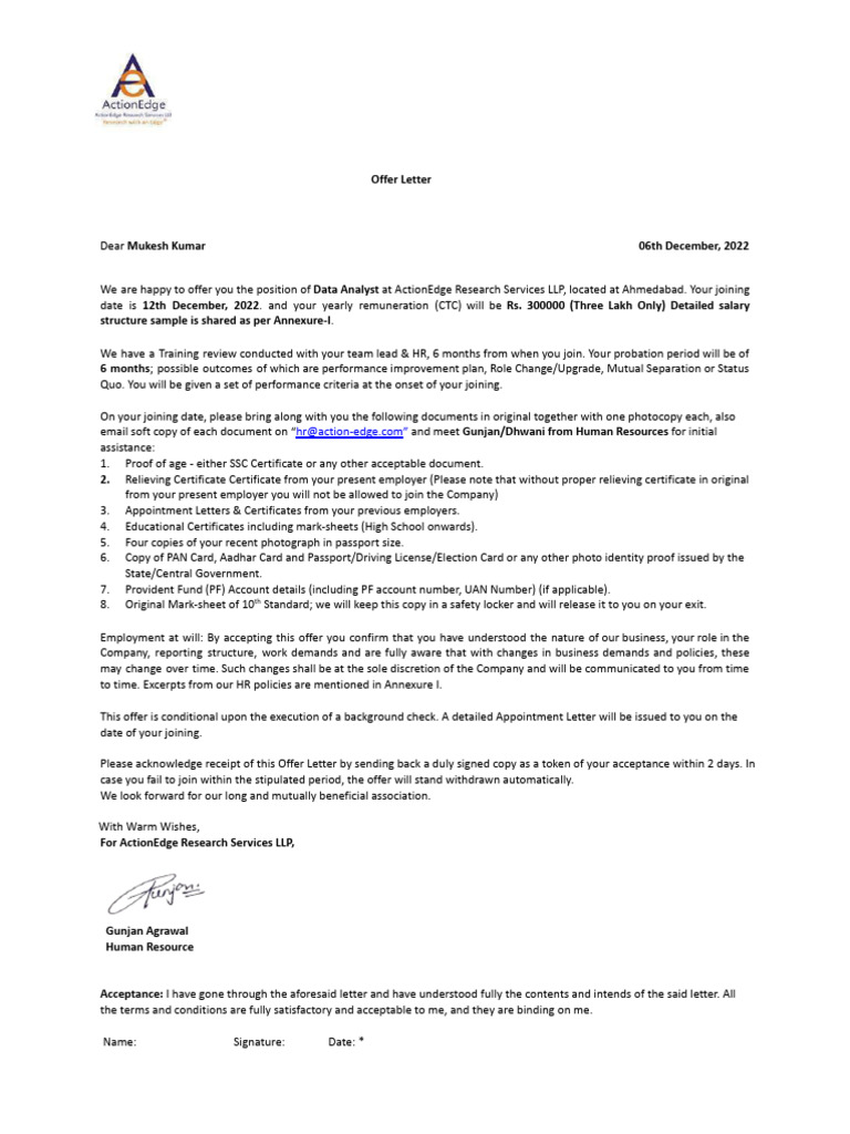 Offer Letter-Data Analyst-Mukesh Kumar-12th December 2022 | PDF | Non Disclosure Agreement ...