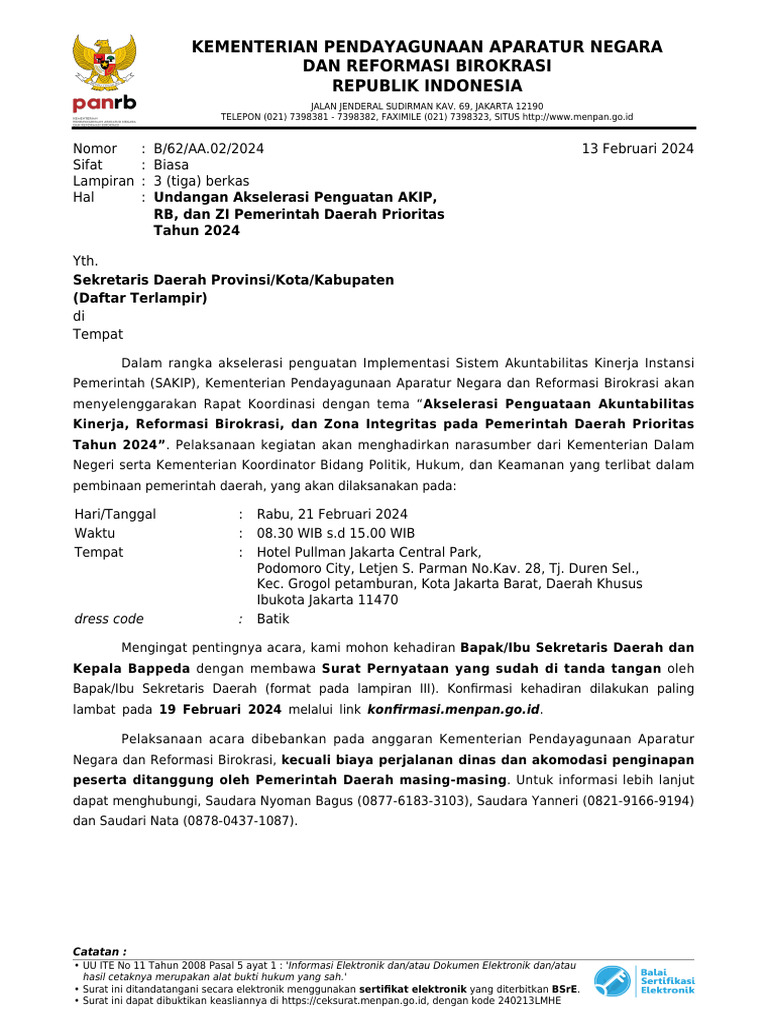 Undangan Rapat Koordinasi AKIP 2024 | PDF