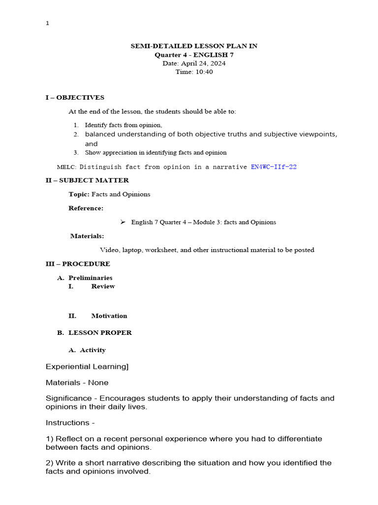 English 7 Q4 COT | PDF | Critical Thinking | Thought