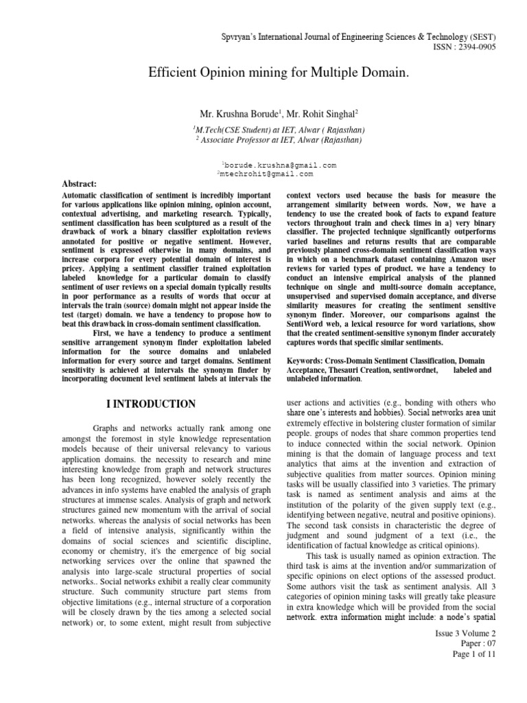 Efficient Opinion Mining For Multiple Domain | PDF | Statistical Classification | Cognitive Science