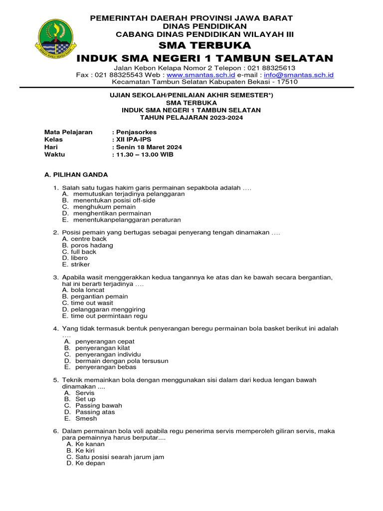 Us Pjok Kelas Xii Ipa-Ips Genap 2023-2024 | PDF