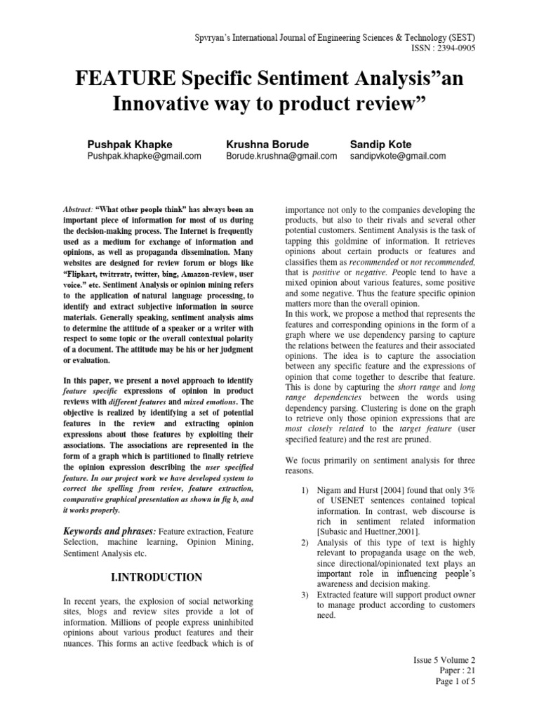 FEATURE Specific Sentiment Analysis "An Innovative Way To Product Review" | PDF | Linguistics ...