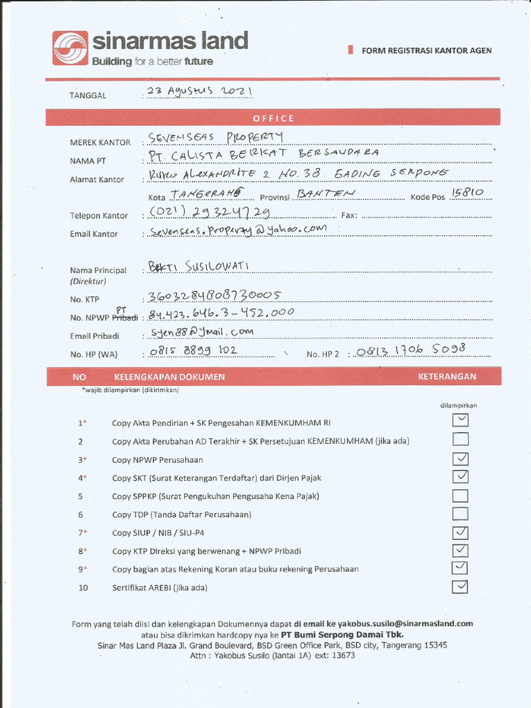 Form Registrasi Kantor Agen (Sinarmas Land) | PDF