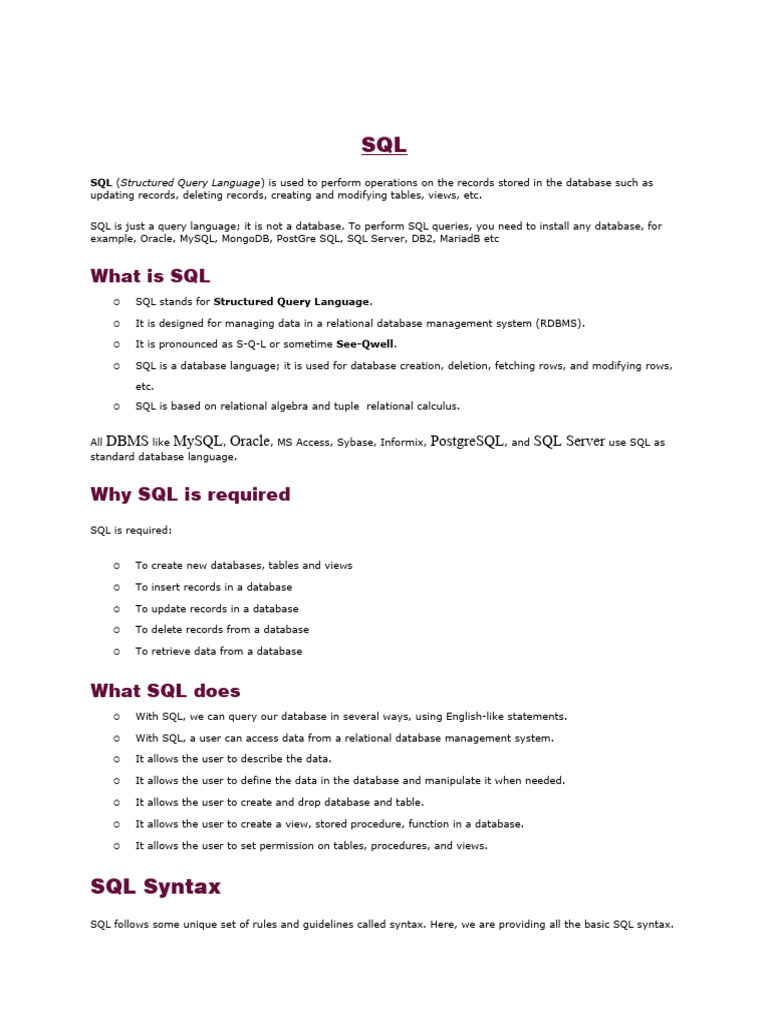 What Is Sql Dbms Mysql Oracle Postgresql Sql Server Pdf Relational 3182