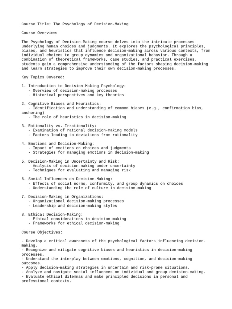 Psychology of Decision-Making Course | PDF | Decision Making | Emotions
