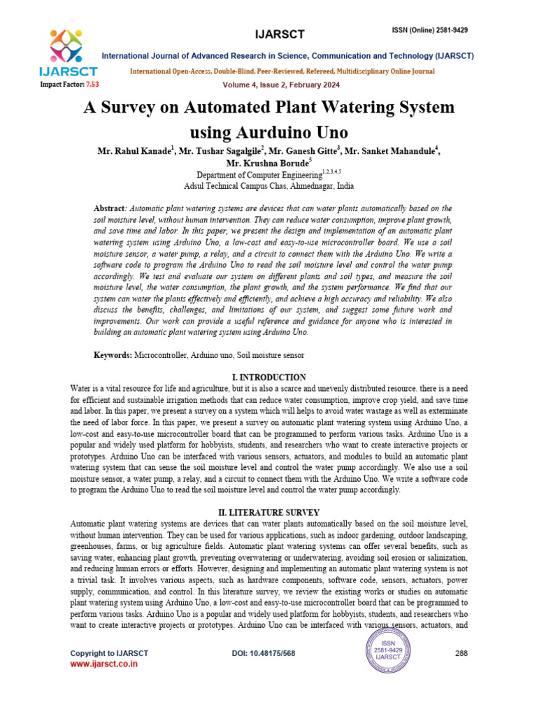 Survey Paper Published Copy - A Survey On Automated Plant Watering ...