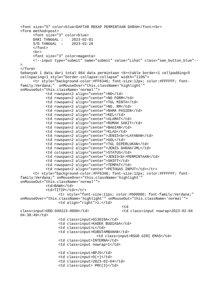 Rekap Form Permintaan Darah | PDF