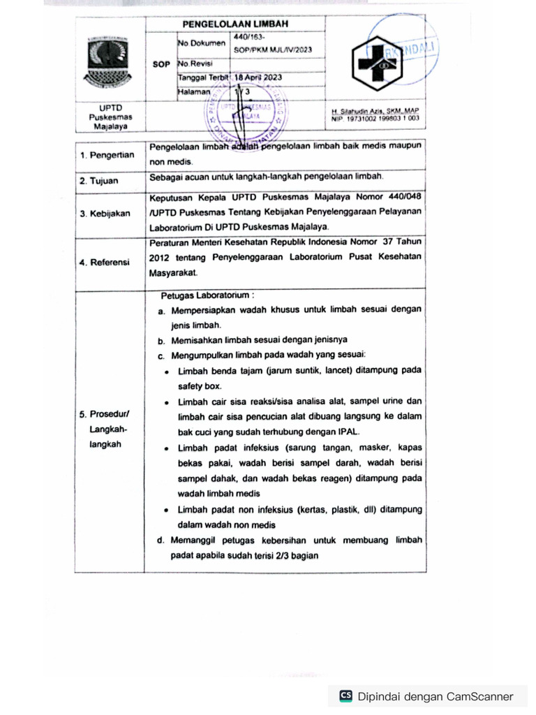 Sop Pengelolaan Limbah | PDF