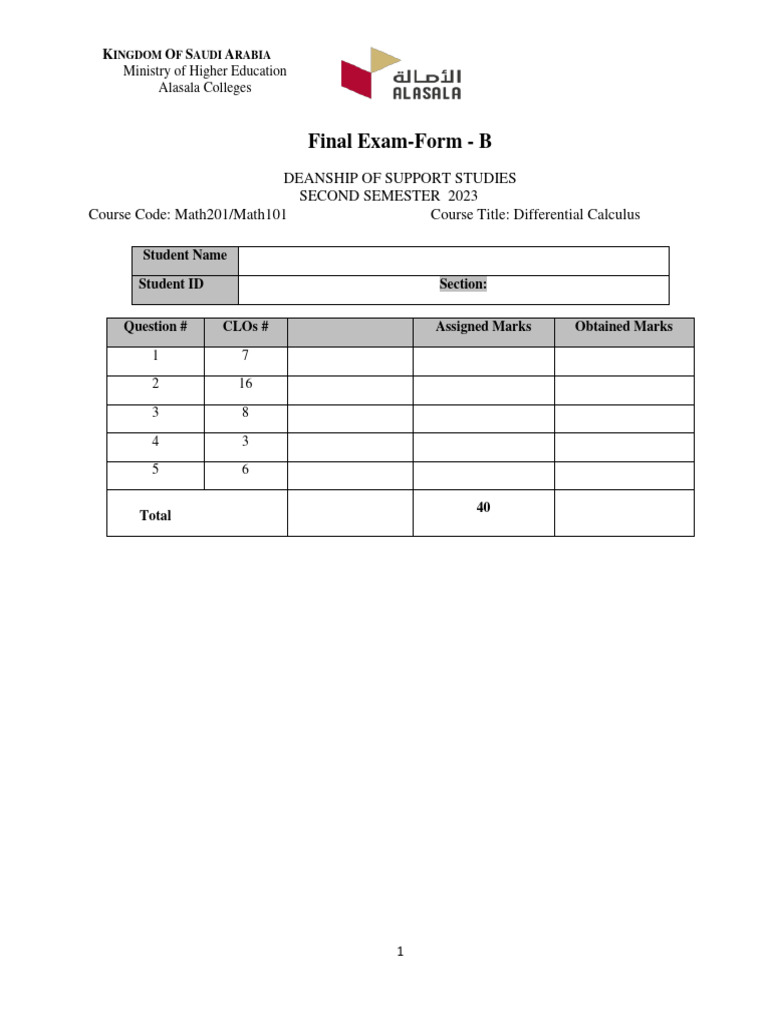 Differential Calculus Final Exam 2023 | PDF | Tangent | Differential ...