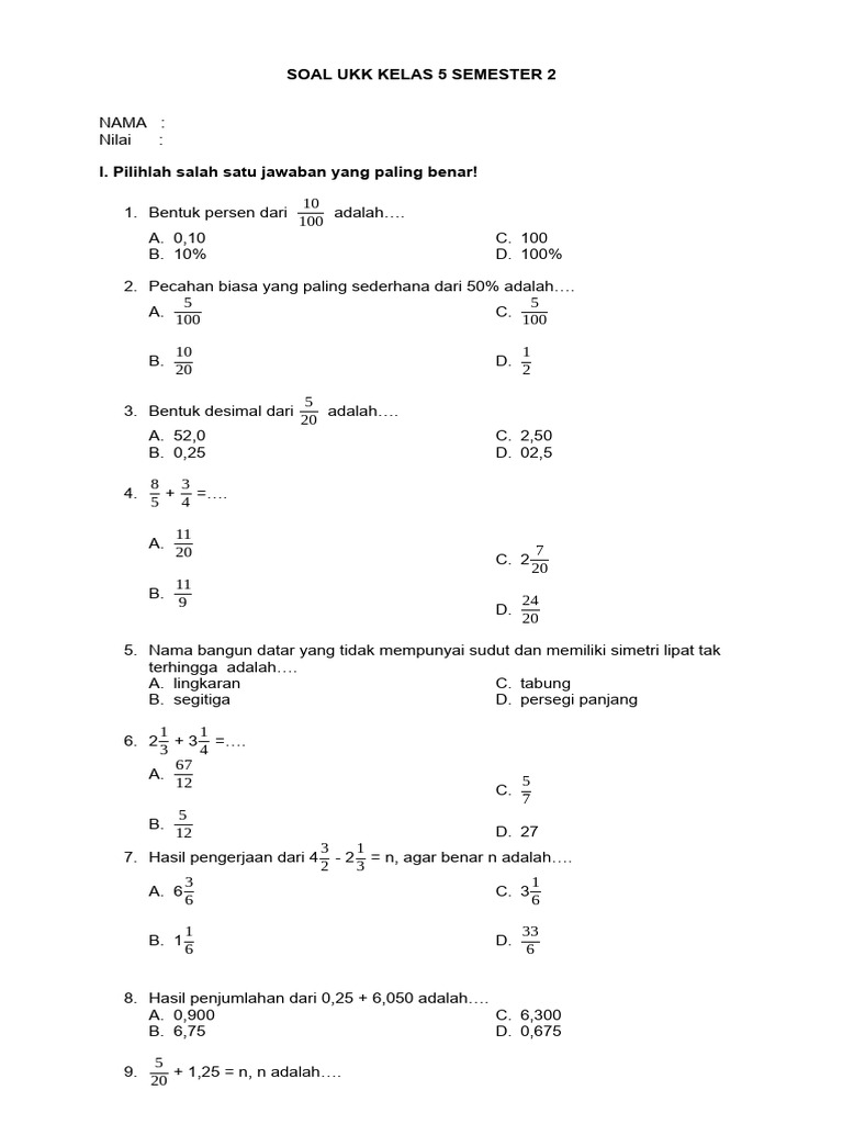 Soal UKK Kelas 5 Semester 2 | PDF