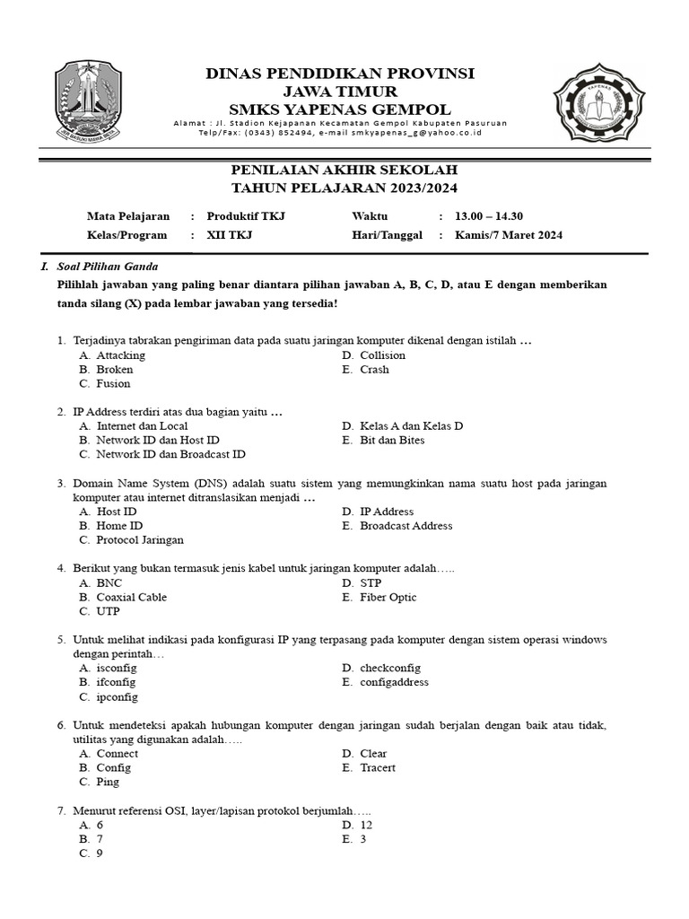 Soal Pas Produktif TKJ KLS Xii 2024 | PDF