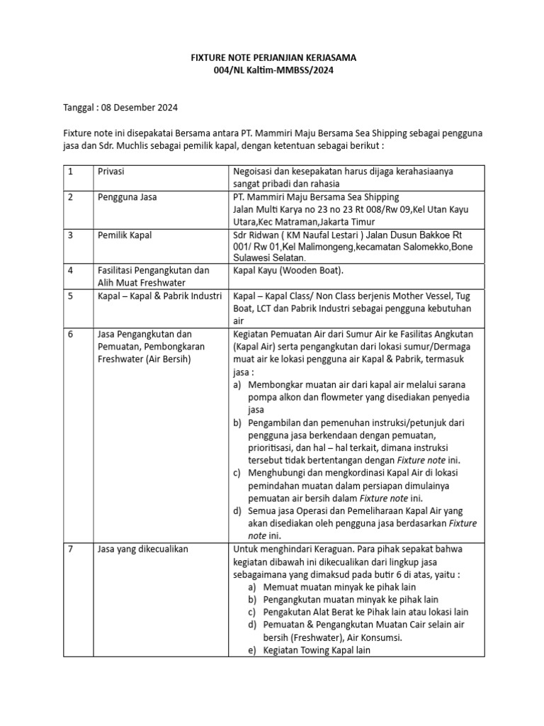 Draft Kontrak Sewa Kapal KM Naufal Lestari | PDF