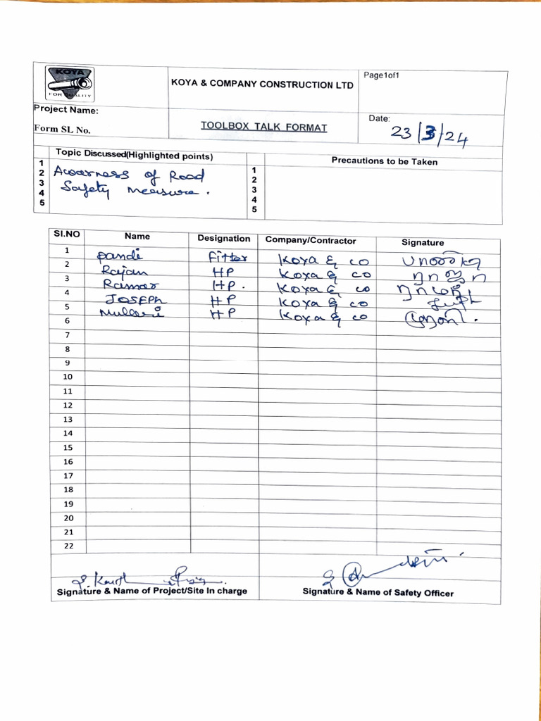 TOOL BOX TALK FORMAT March 2024 | PDF