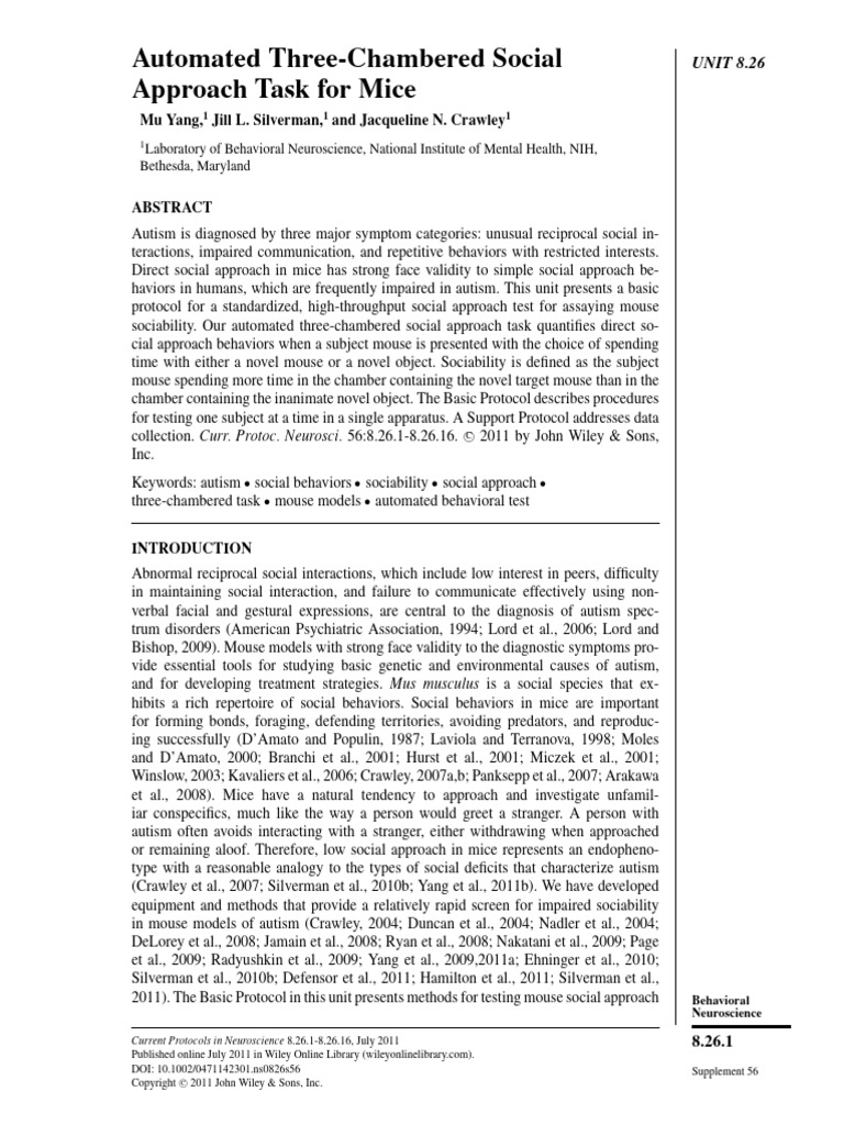 2011 Yang Automated Three-Chambered Social Approach Task for Mice | PDF ...