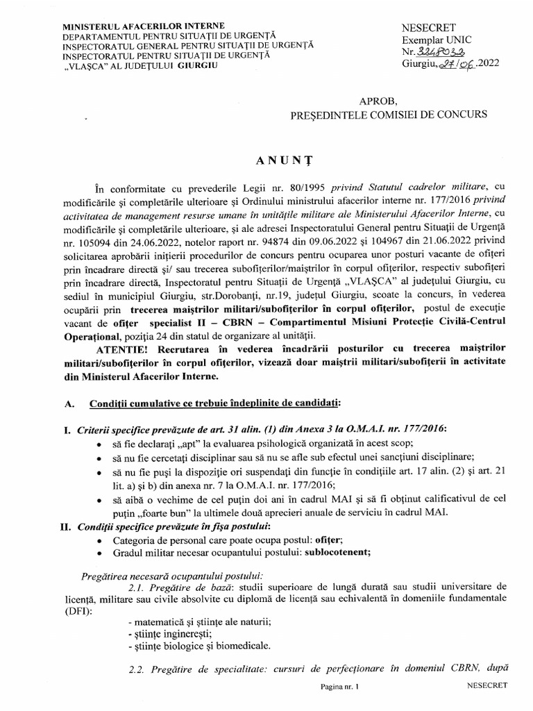 Anunt Concurs Ofiter Specialist II CBRN | PDF