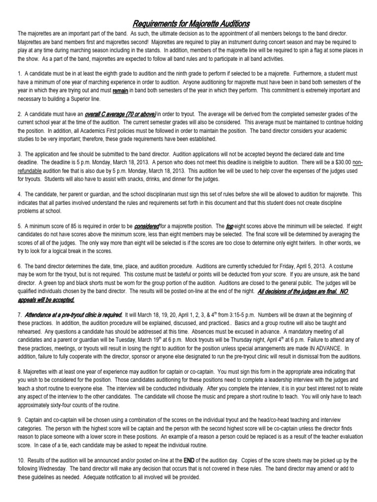 Requirements For Majorette Auditions | PDF | Audition