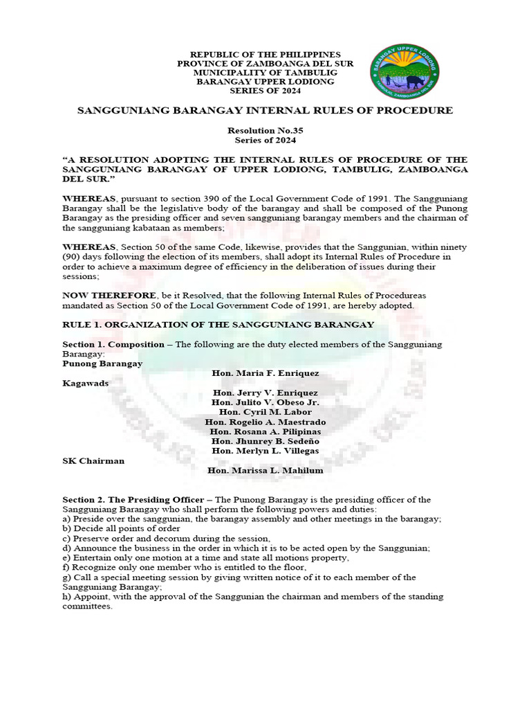 Sample Barangay IRP | PDF | Quorum | Government