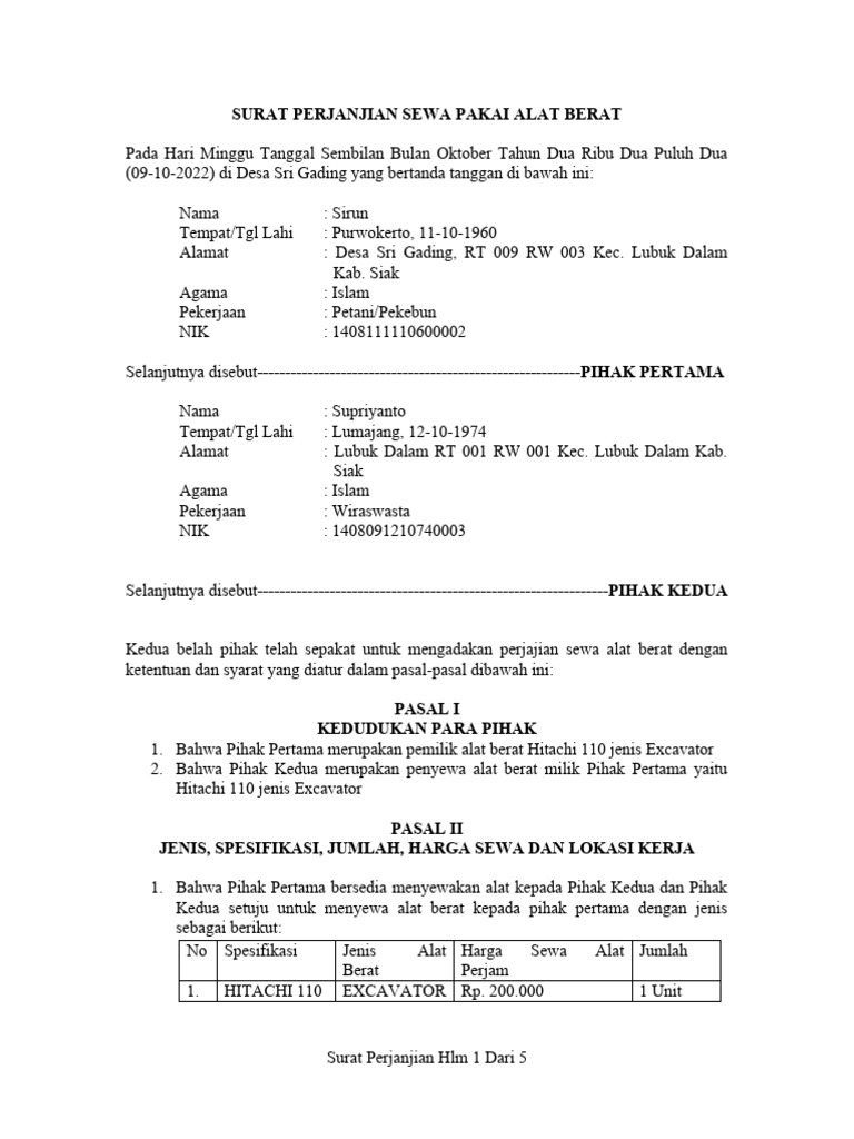 Perjanjian Sewa Alat Berat Excavator | PDF