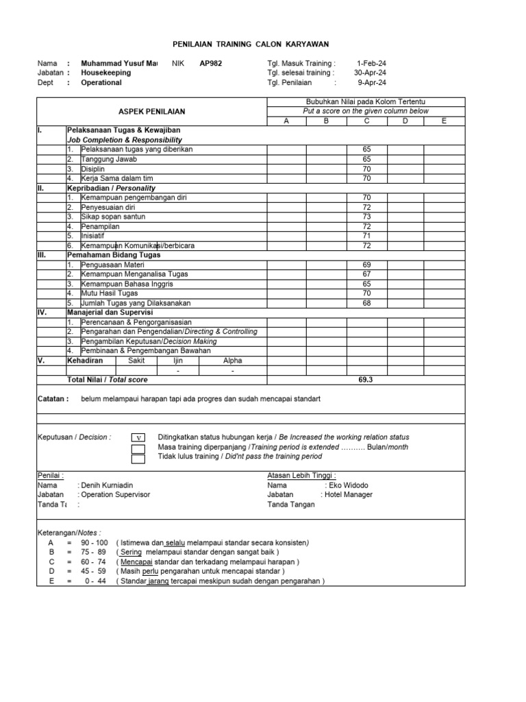 Form Penilaian Training Calon Karyawan - Ucup | PDF