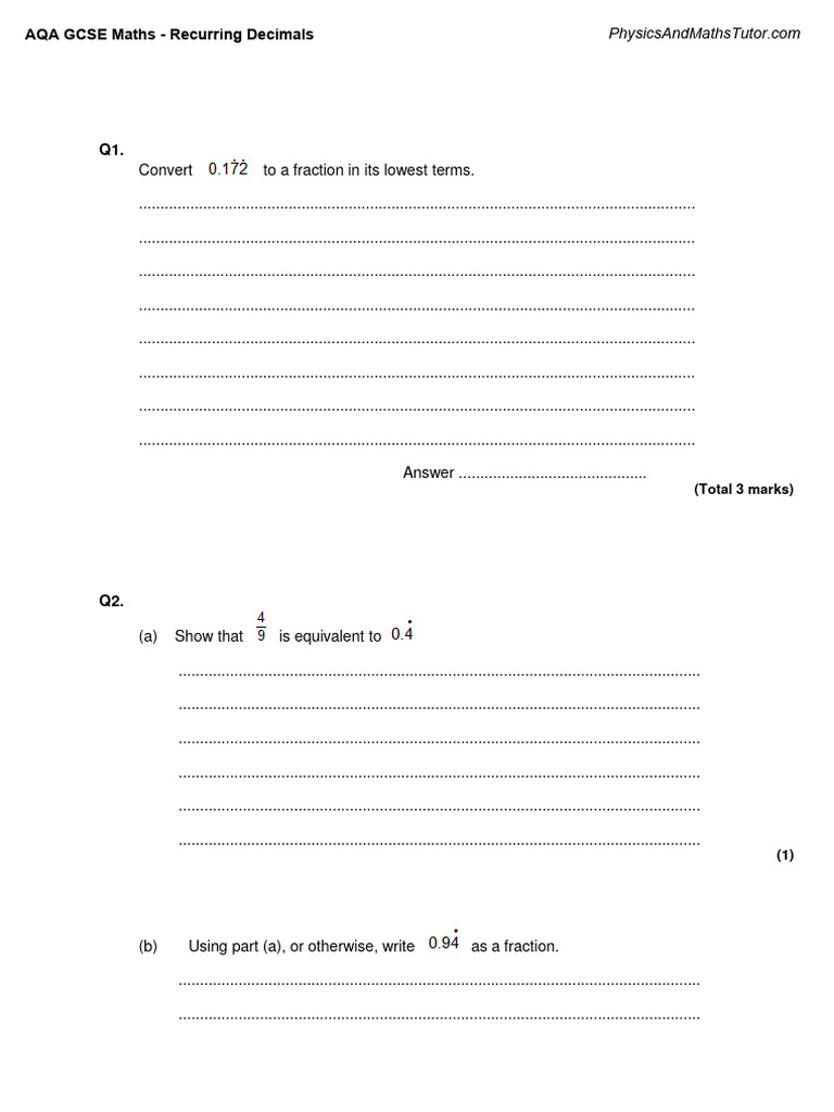 Recurring Decimals QP | PDF | Division (Mathematics) | Mathematical ...
