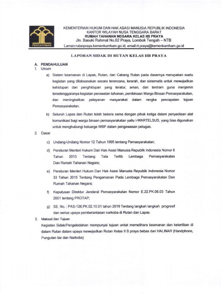 Laporan Sidak Rutan Kelas IIB Praya | PDF