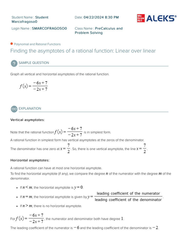 25 Polynomial And Rational Functions Finding The Asymptotes Of A