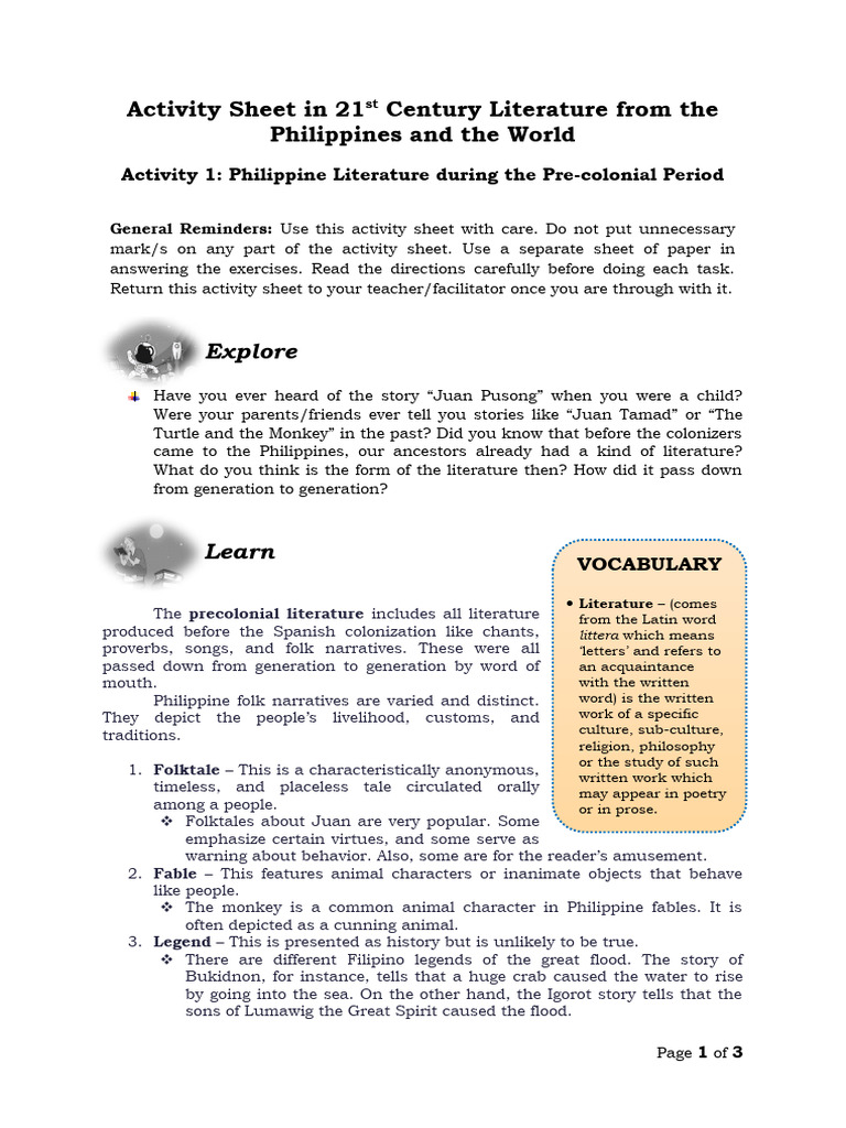 21st Century Literature Activity Sheets | PDF | Folklore | Traditional ...