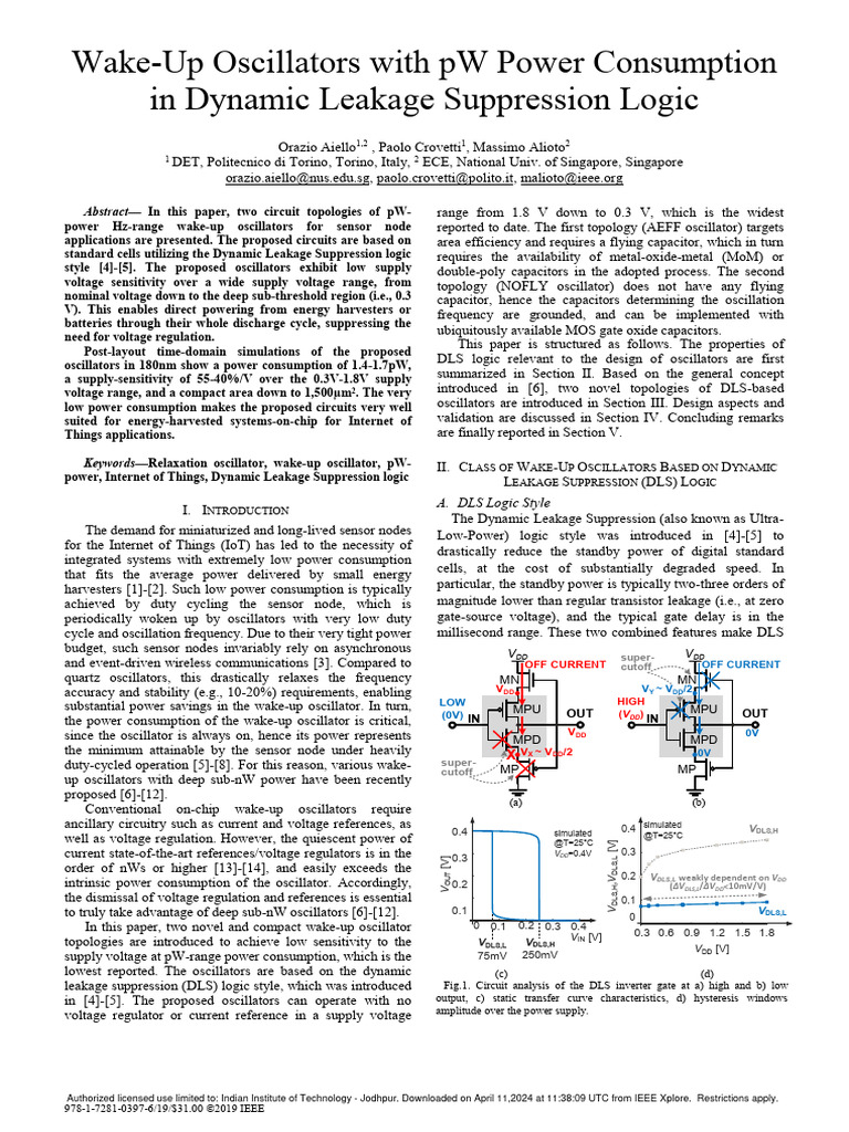 Wake-Up Oscillators With PW Power Consumption in Dynamic Leakage Suppression Logic | PDF ...