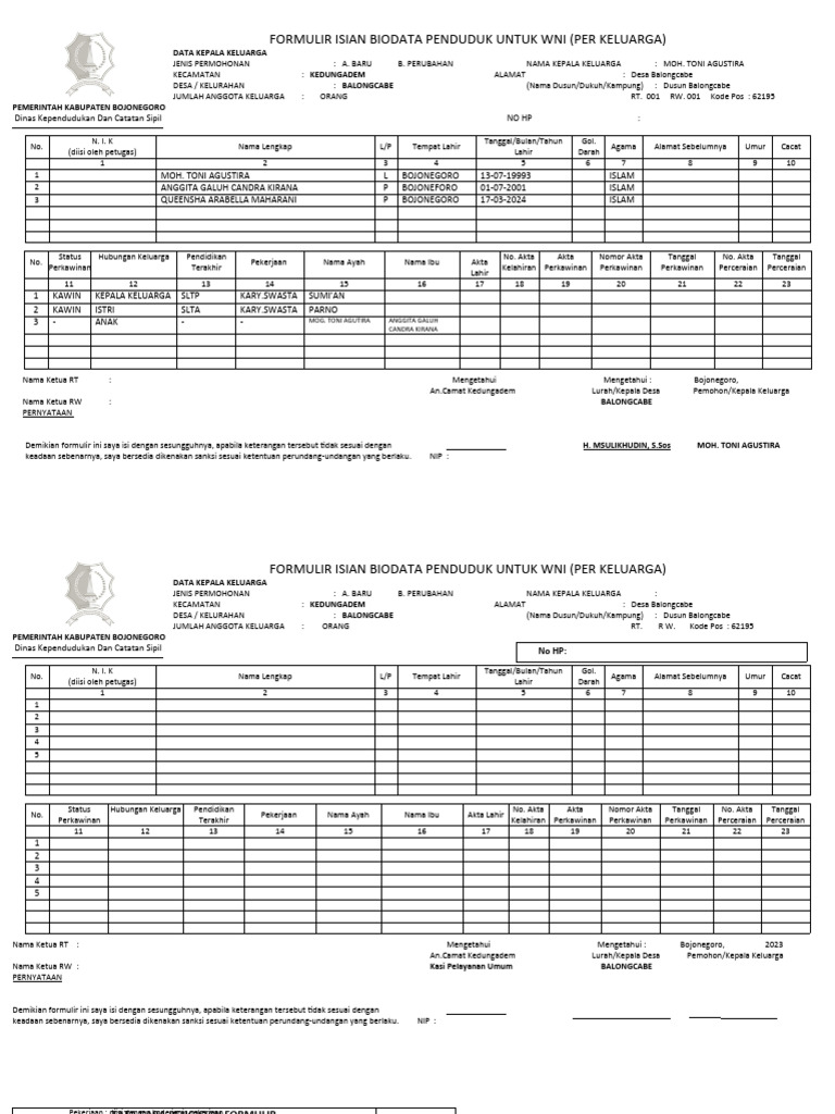 Formulir Pengajuan KK | PDF