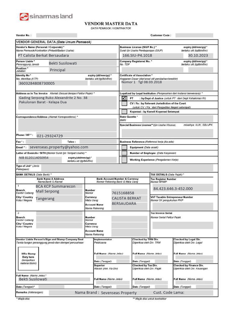 Form VMD PT Calista Berkat Bersaudara | PDF
